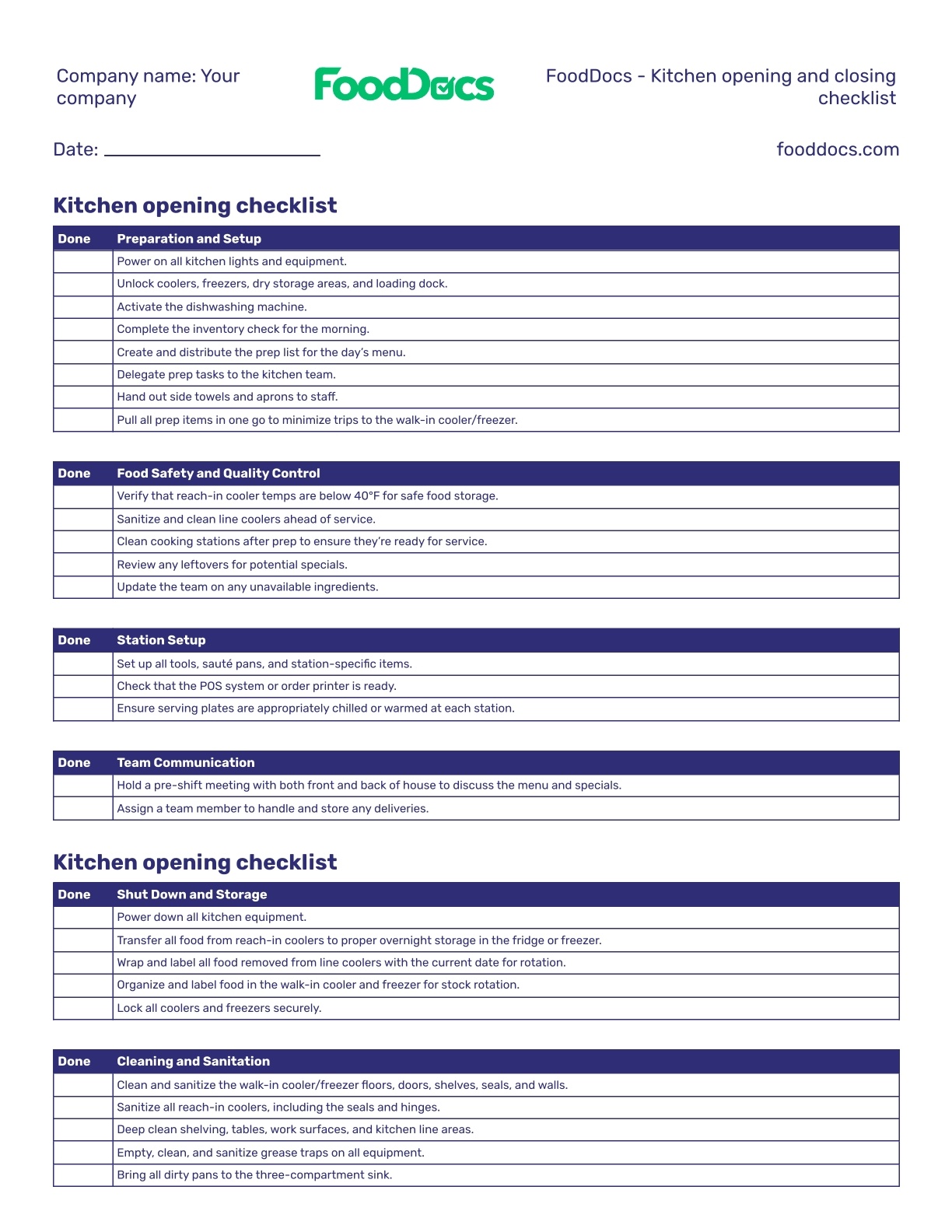 Opening And Closing Kitchen Checklist Kitchen Operations Checklist